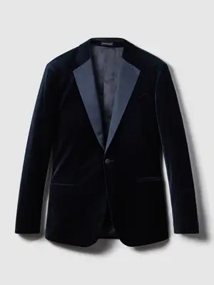 REISS Ace Blue Cotton Single Breasted Velvet Blazer