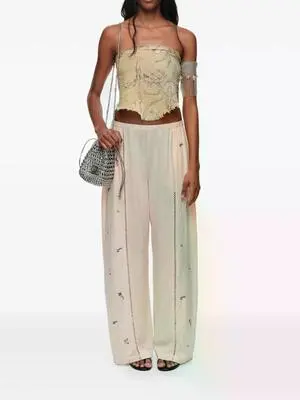 Bimba Y Lola Wide White Linen Trousers With Lace And Mini Embroidery - Neutrals