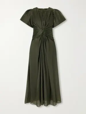 Aje Movement Gathered Lyocell And Linen-blend Midi Dress - Green