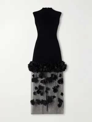 Aje Fleura Floral-trimmed Knit Midi Dress - Black