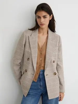 REISS Double-breasted Check Blazer In Cotton-linen - Neutral
