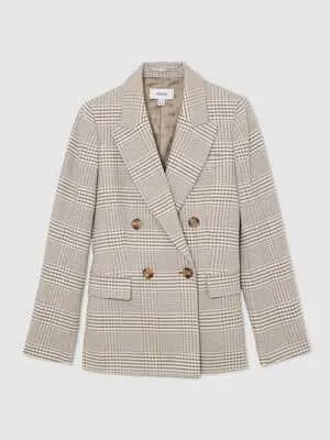REISS Double-breasted Check Blazer In Cotton-linen