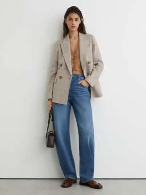 REISS Double-breasted Check Blazer In Cotton-linen