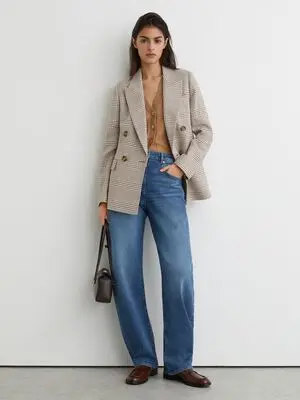 REISS Double-breasted Check Blazer In Cotton-linen