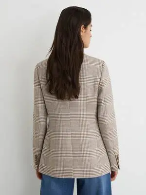 REISS Double-breasted Check Blazer In Cotton-linen