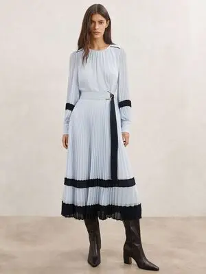 REISS Colour Block Pleated Midi Dress