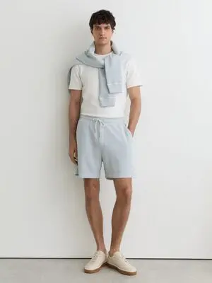REISS Garment-dyed Cotton Piqué Shorts - Light Blue