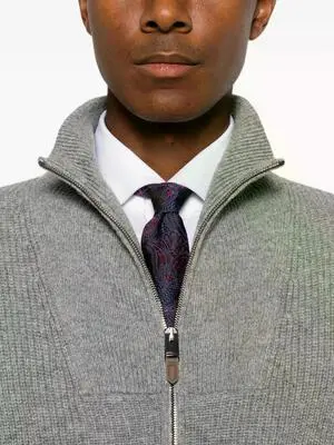 Canali Ribbed Knit High Neck Zip-up Cardigan - Grey