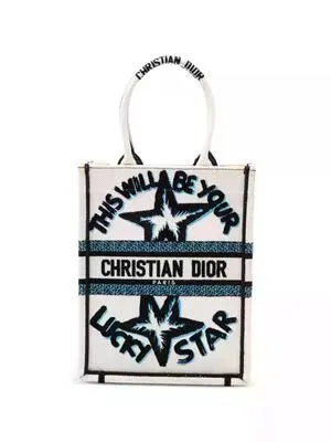 Dior Embroidered Canvas Lucky Star Vertical Book Tote Bag - White