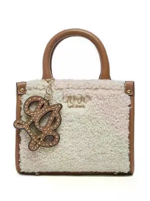 Liu Jo Faux Shearling Logo Plaque Tote Bag - Neutrals
