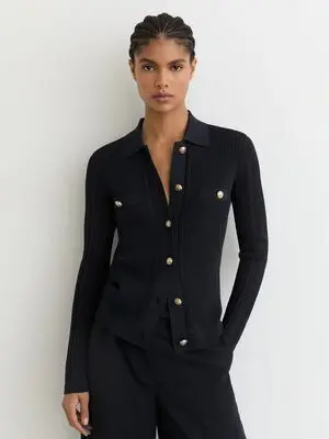 REISS Button-through Knitted Top With Collar