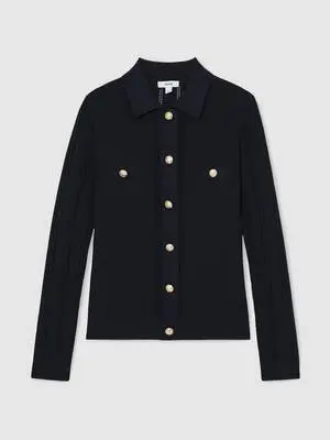 REISS Button-through Knitted Top With Collar