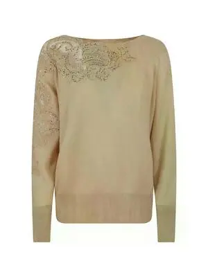 Ermanno Scervino Lace & Crystal Embellished Boat Neck Sweater - Neutrals