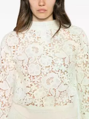 ERMANNO FIRENZE Ecru Wool Floral Lace High Neck Sweater