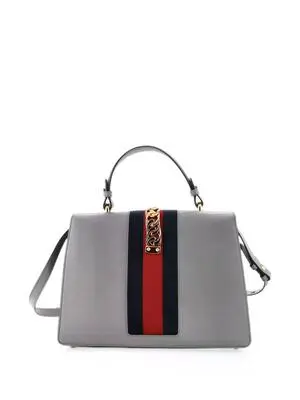 Gucci Sylvie Top Handle Bag Embroidered Leather Medium Satchel - Grey