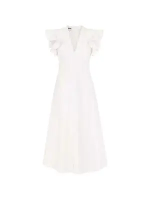 Moschino Ruffled-sleeve V-neck Midi Dress - White