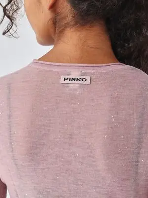 Pinko Slim Fit Sequin Embroidered Wool Blend Crewneck Sweater - Pink