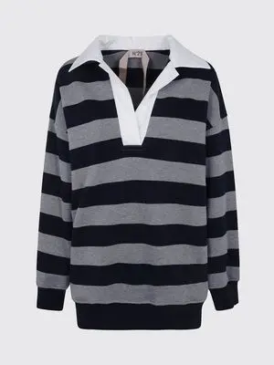 N° 21 Relaxed Fit Striped Long-sleeved Cotton-blend Polo - Grey