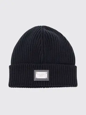 Dolce & Gabbana Ribbed Beanie In Wool And Cashmere Blend With Logo Plaque - Black