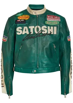 SATOSHI NAKAMOTO Grained Leather Racer Jacket With Appliqués - Green
