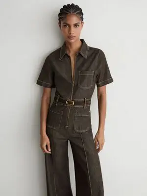 REISS Wide-leg Zip-through Denim Jumpsuit - Chocolate Brown