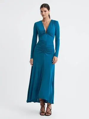 REISS Ruched Plunge Neck Midi Dress