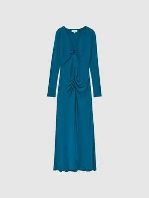 REISS Ruched Plunge Neck Midi Dress