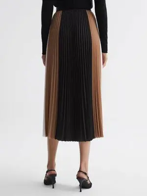 REISS Black & Camel Colourblock Pleated Midi Skirt