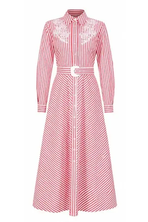 EXQUISE Pink / Red Embroidered Collared Midi Dress With Belt & Long Sleeves Red White - Pink/red