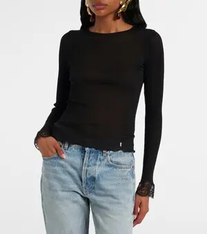 Saint Laurent Lace-trimmed Ribbed-knit Silk Top
