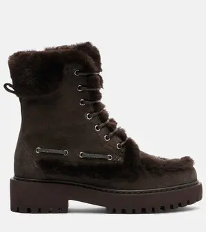 Brunello Cucinelli Monili Shearling-trimmed Suede Lace-up Boots