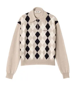 Miu Miu Cashmere Argyle Polo Sweater - Neutral