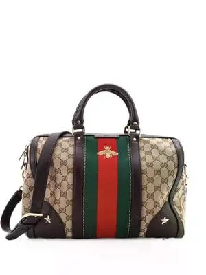 Gucci Vintage Bee Web Boston Bag Gg Canvas Medium Satchel
