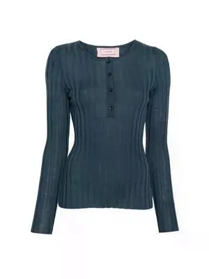 HUGENBERG Ribbed Knit Round Neck Long Sleeve Sweater - Blue