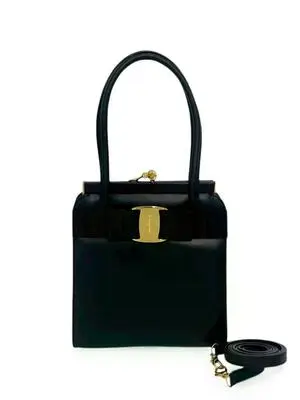 FERRAGAMO 20th Century Leather Vara Kiss Lock Satchel - Black