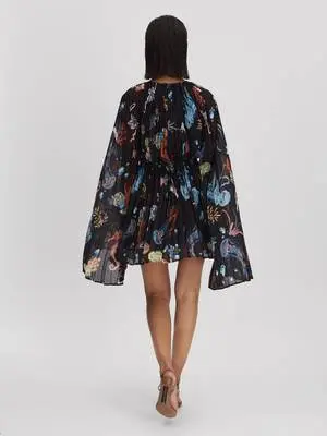 LEO LIN Pleated Bell Sleeve Mini Dress