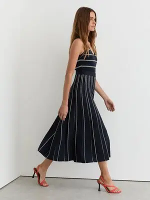 REISS Sleeveless Striped Knitted Midi Dress With Belted Waist