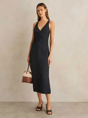 REISS Ruched Sleeveless V-neck Midi Dress