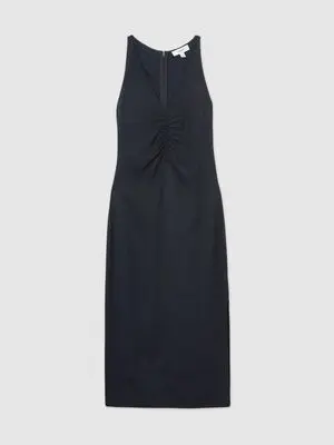 REISS Ruched Sleeveless V-neck Midi Dress