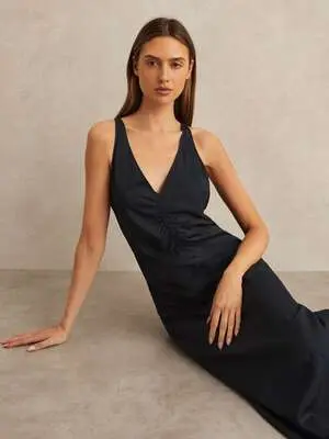 REISS Ruched Sleeveless V-neck Midi Dress