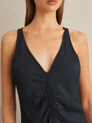 REISS Ruched Sleeveless V-neck Midi Dress