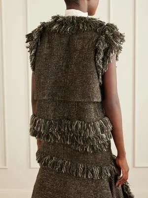 Sacai Bow-detailed Fringed Wool-blend Tweed Vest