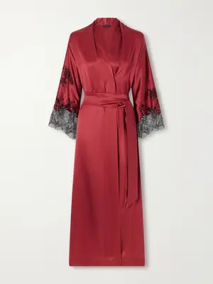 Carine Gilson Belted Lace-embroidered Silk-satin Robe