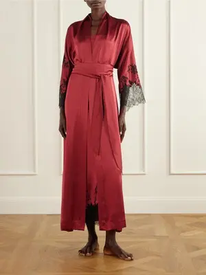 Carine Gilson Belted Lace-embroidered Silk-satin Robe