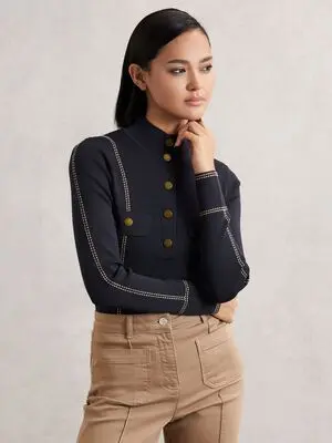 REISS Contrast-stitch Knit Top - Navy