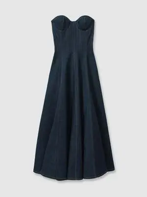 REISS Strapless Structured Denim Midi Dress