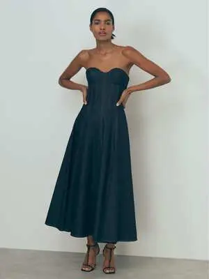 REISS Strapless Structured Denim Midi Dress