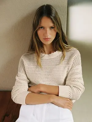 REISS Cotton Open-stitch Crew-neck Jumper - Neutral