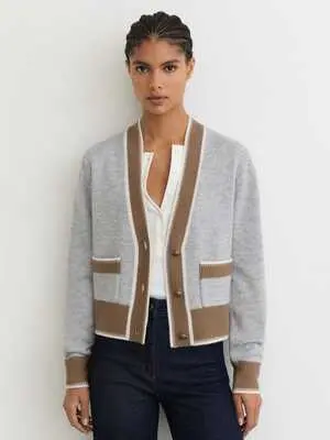 REISS Grey & Neutral Wool-cashmere Tipped Cardigan - Grey/neutral