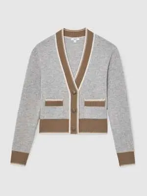 REISS Grey & Neutral Wool-cashmere Tipped Cardigan